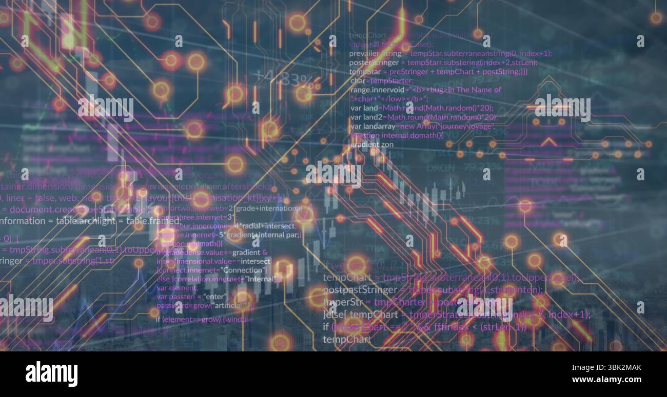 Displaying network visualization with glowing nodes and circuit lines on dark blue grid, with ...