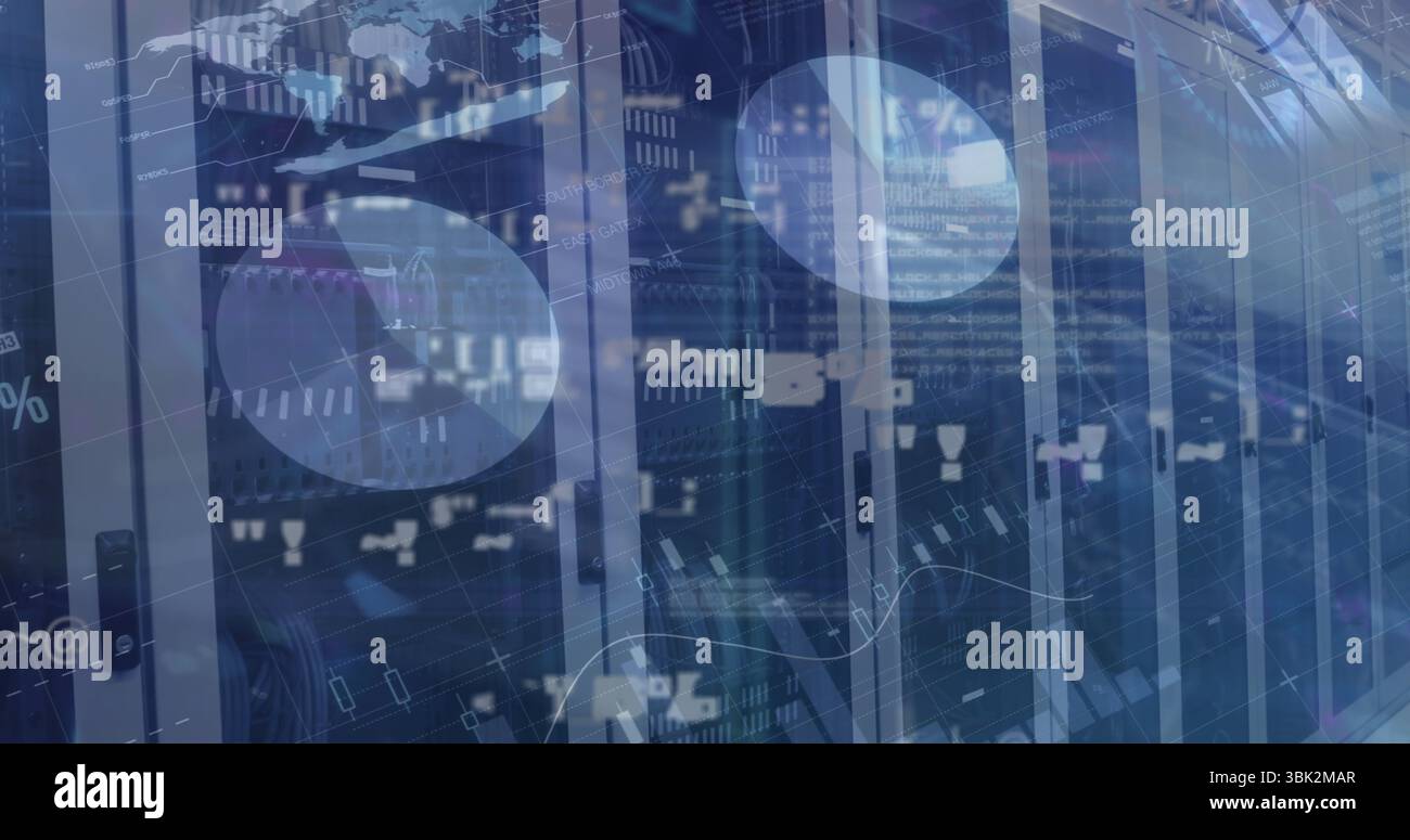 Glowing server racks displaying network switches cables and lights at data center, digital ...