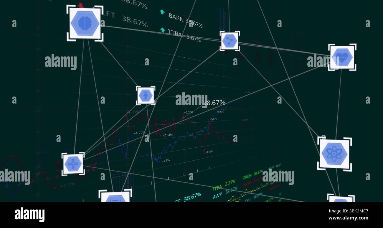 Displaying network of blue hexagonal icons linking line graphs and ...