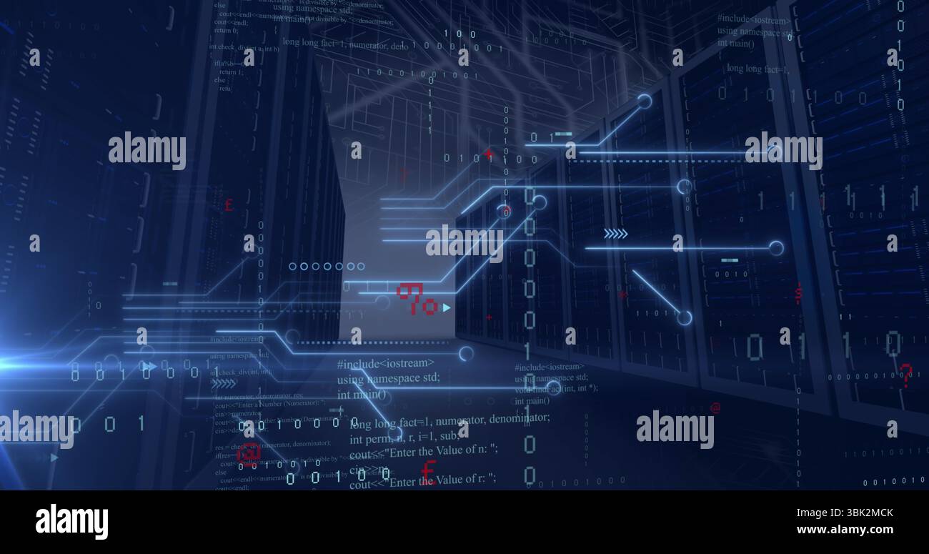 Illuminating central server racks bathing data center corridor in blue, with binary code ...