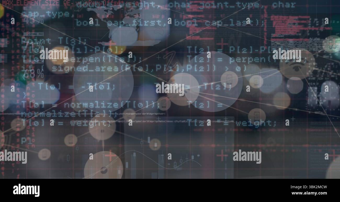 Displaying digital data dashboard visualization combining code overlay with network nodes and ...