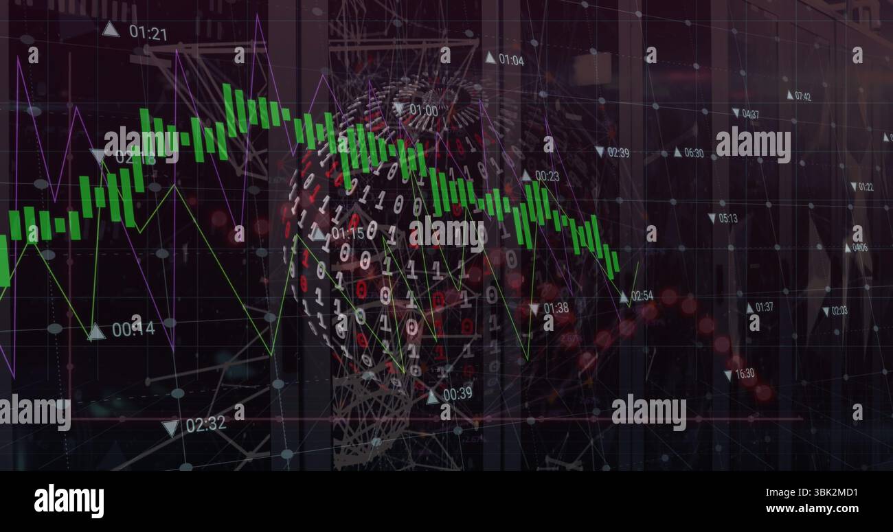 Displaying wireframe head floating in virtual space with binary code and candlestick charts ...