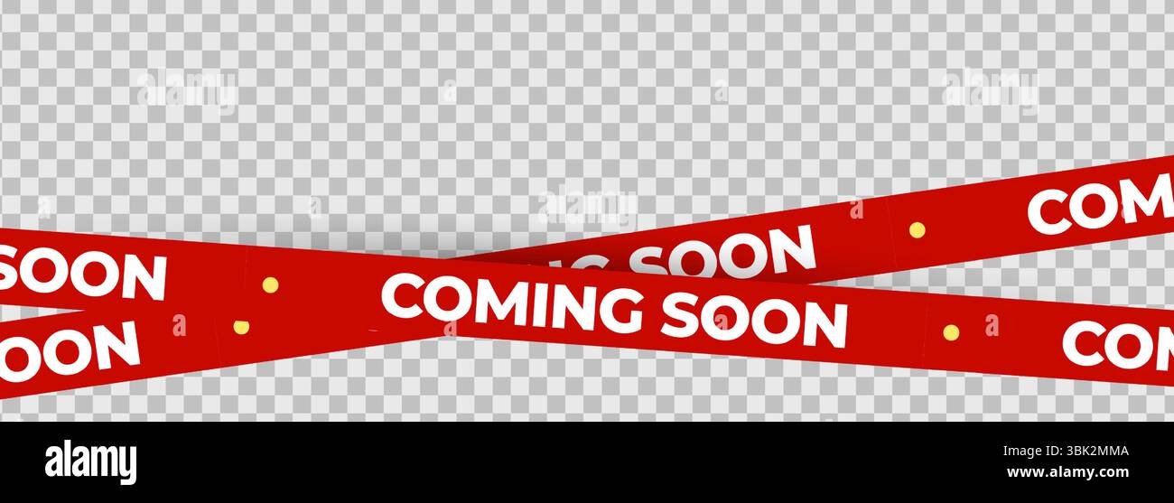 Coming Soon Red Banner Tape Ribbon with bold text and transparent ...
