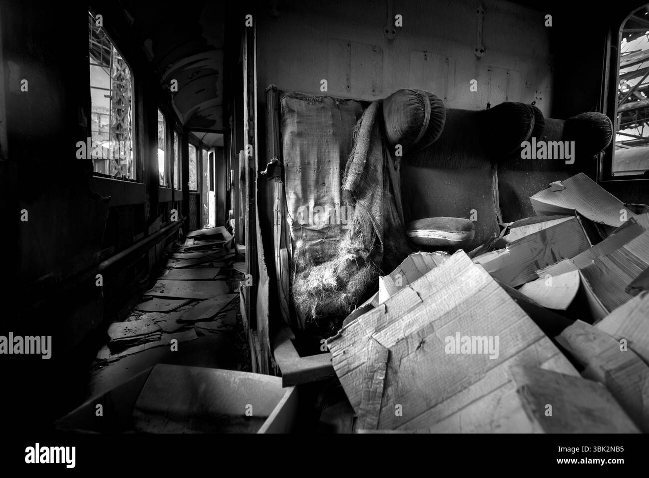 Messy vehicle interior of a train carriage angle shot Stock Photo - Alamy