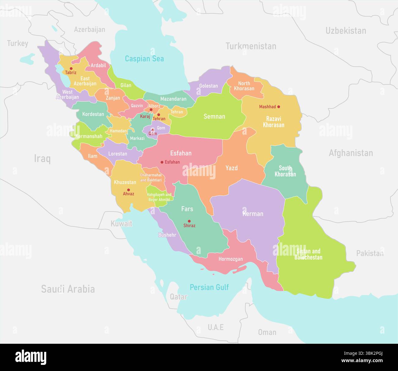 Map of Iran's provinces and major cities Vector illustration Stock ...