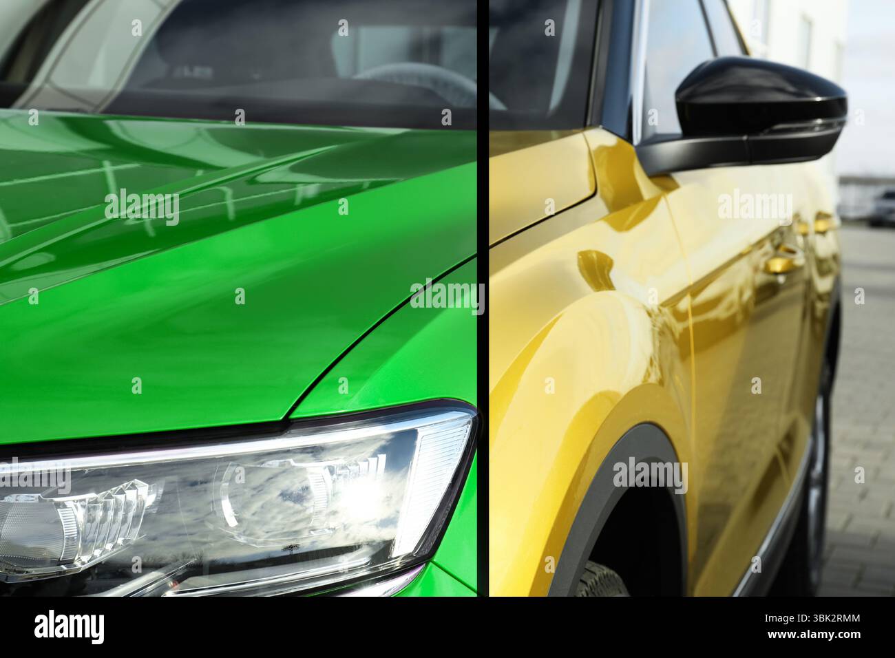Modern green auto before and yellow after painting, closeup ...