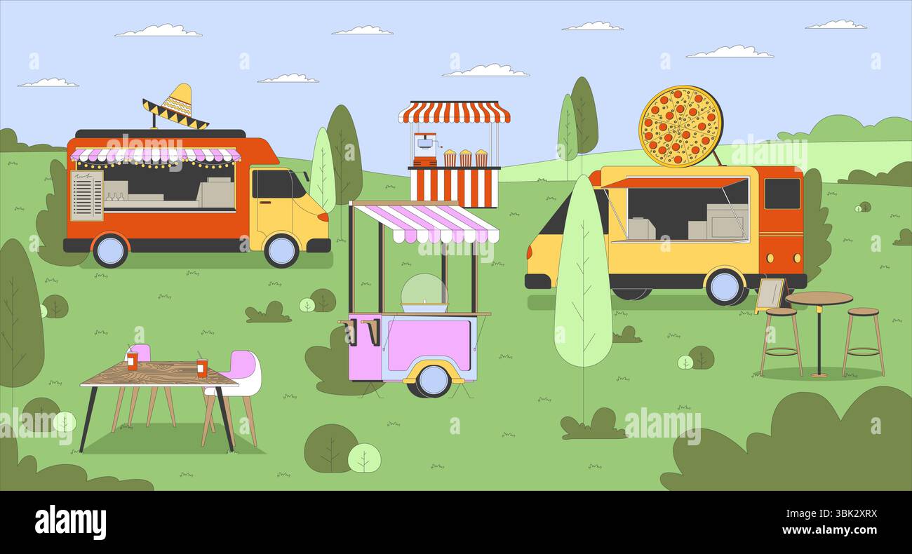 Empty outdoor food truck festival with colorful stalls flat ...