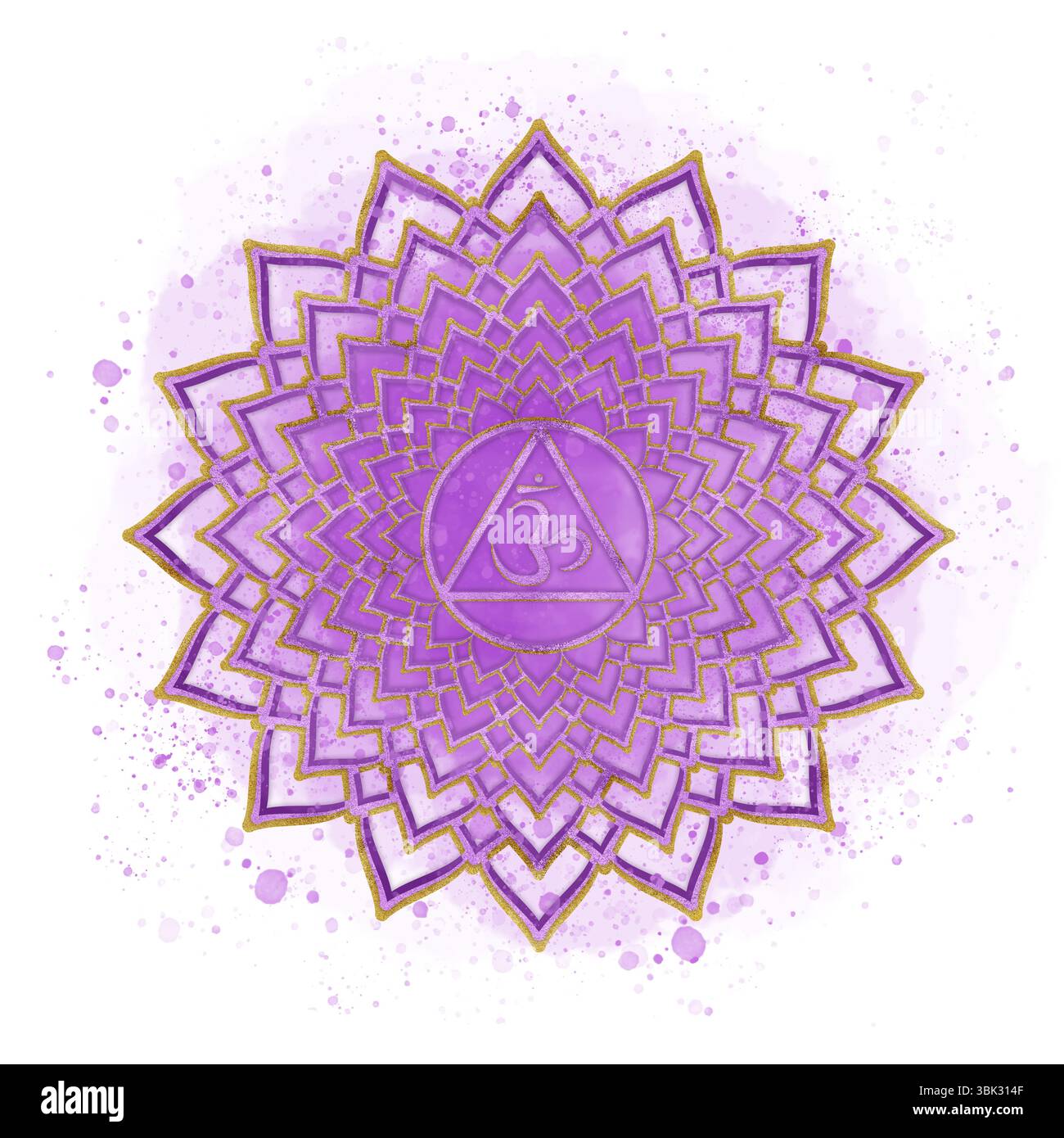 Crown chakra Sahasrara on lilac watercolor background with splatter ...