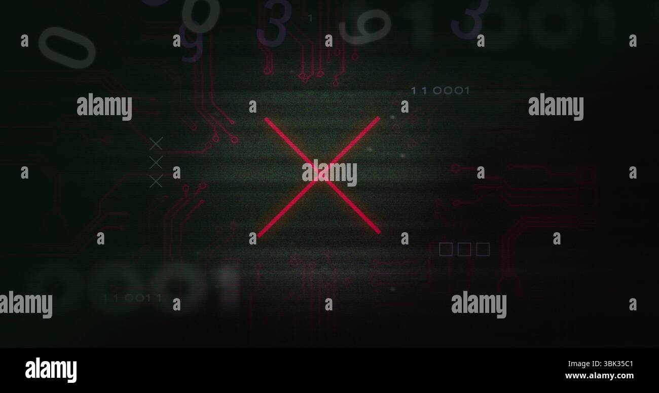 Displaying glowing red X symbol pulsing on dark interface, with binary digits and circuit traces ...