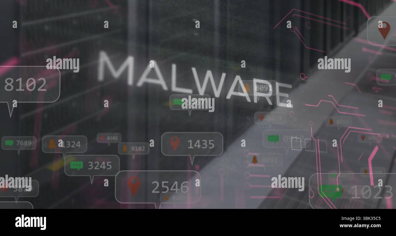 MALWARE warning flashing in data center corridor, showing server racks ...