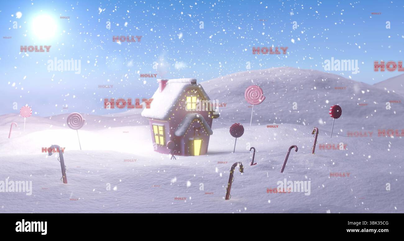 Showing snowy cottage glowing in field, with candy canes, swirl ...