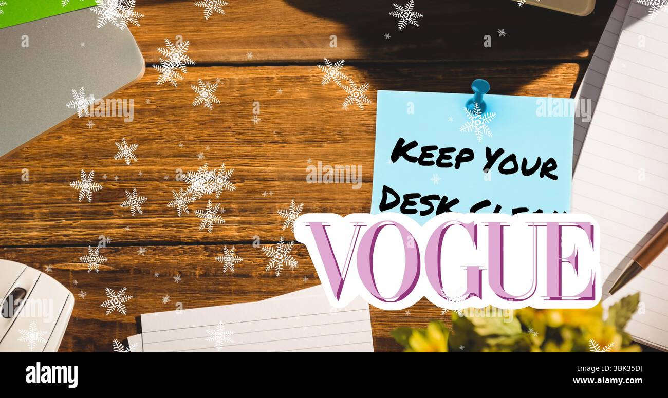 Featuring blue sticky note pinned with push pin on wooden desk in ...