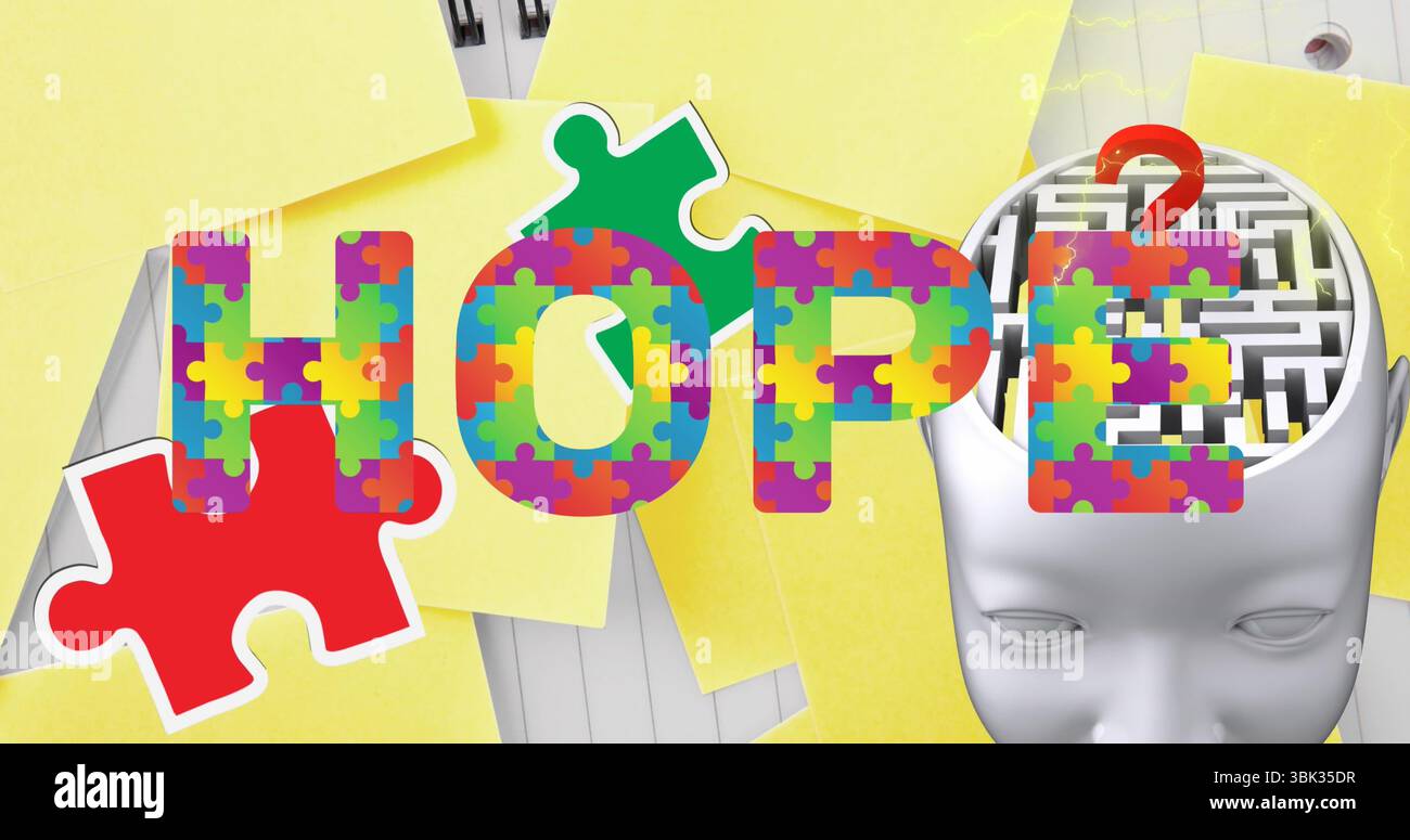 Displaying HOPE puzzle letters over head with maze at sticky-note wall ...