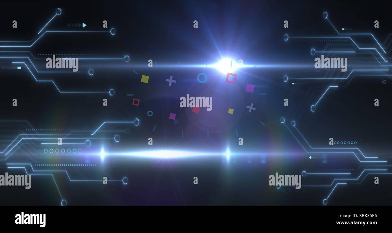 Emitting lens flare, light beam crossing digital interface, with neon-blue circuit lines and ...