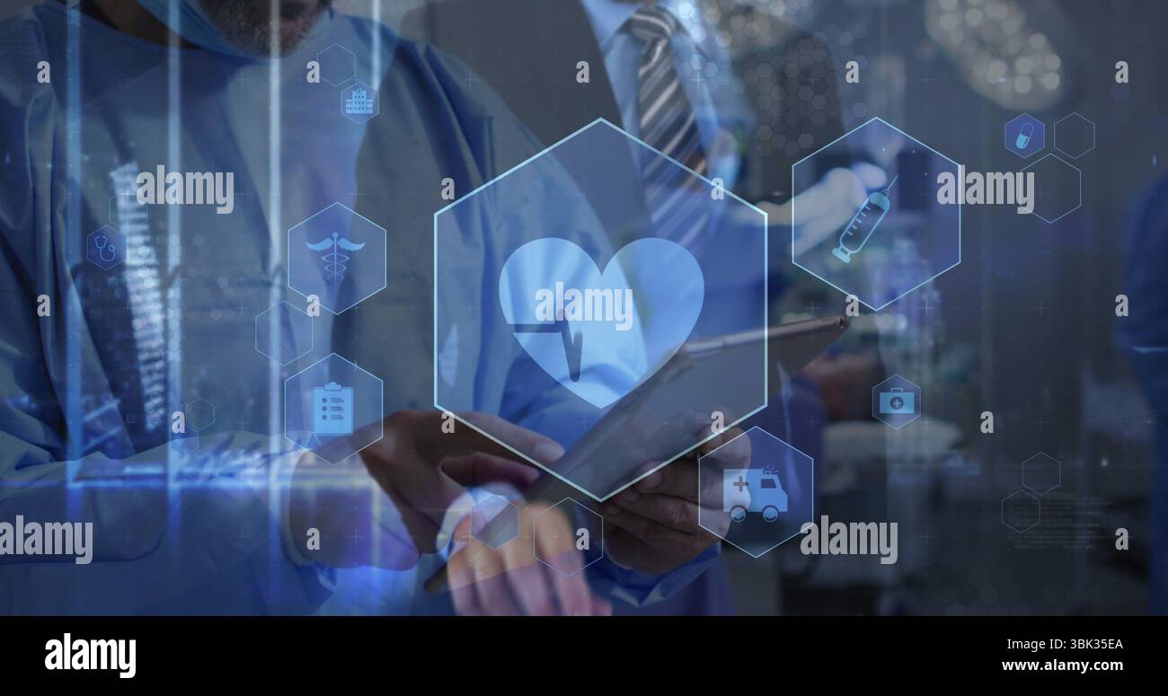Medical team reviewing smartphone holographic hi-res stock photography ...