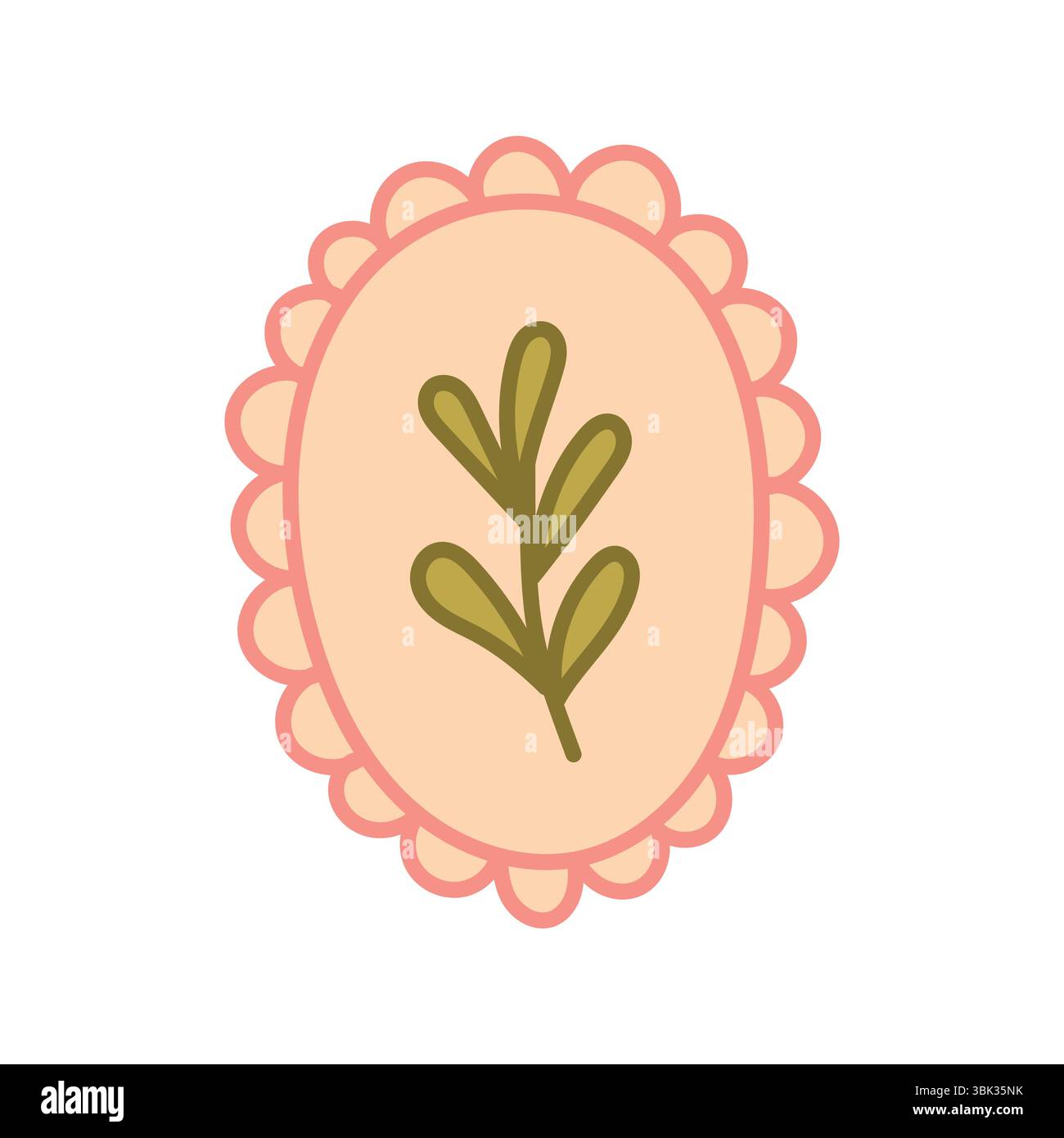 Soft pastel oval shape with cute leafy branch inside and scalloped edge ...