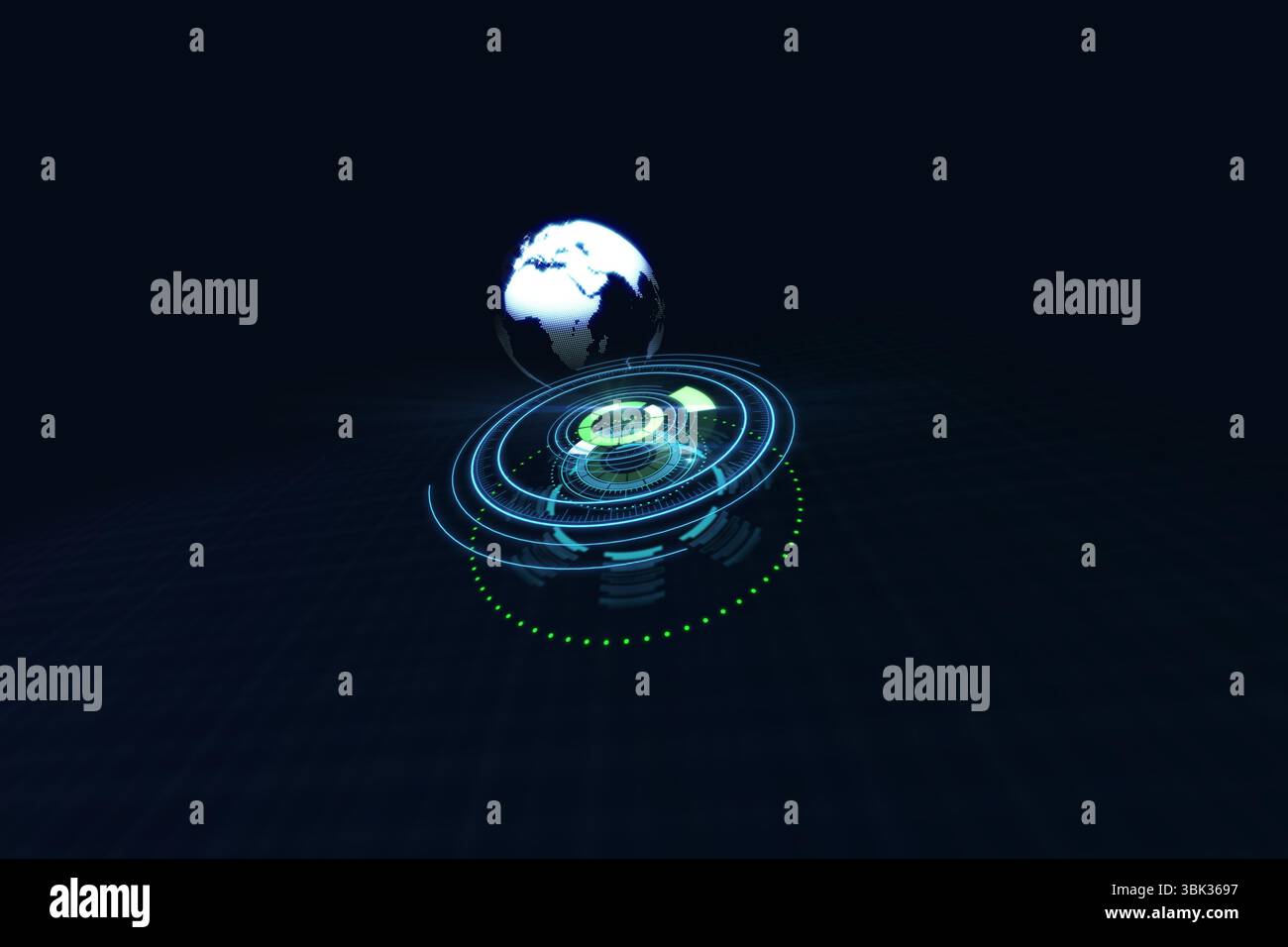 Holographic Earth globe floating above grid plane in dark 3D render space, with glowing data ...