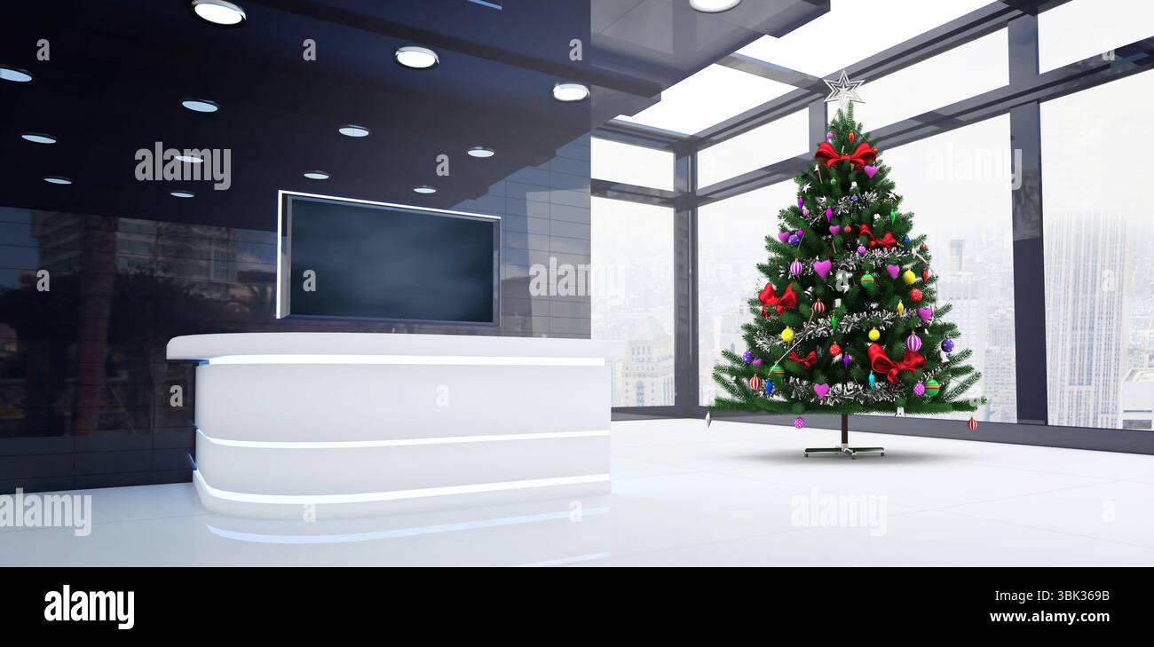 showing flat design reception featuring white desk, Christmas tree by ...