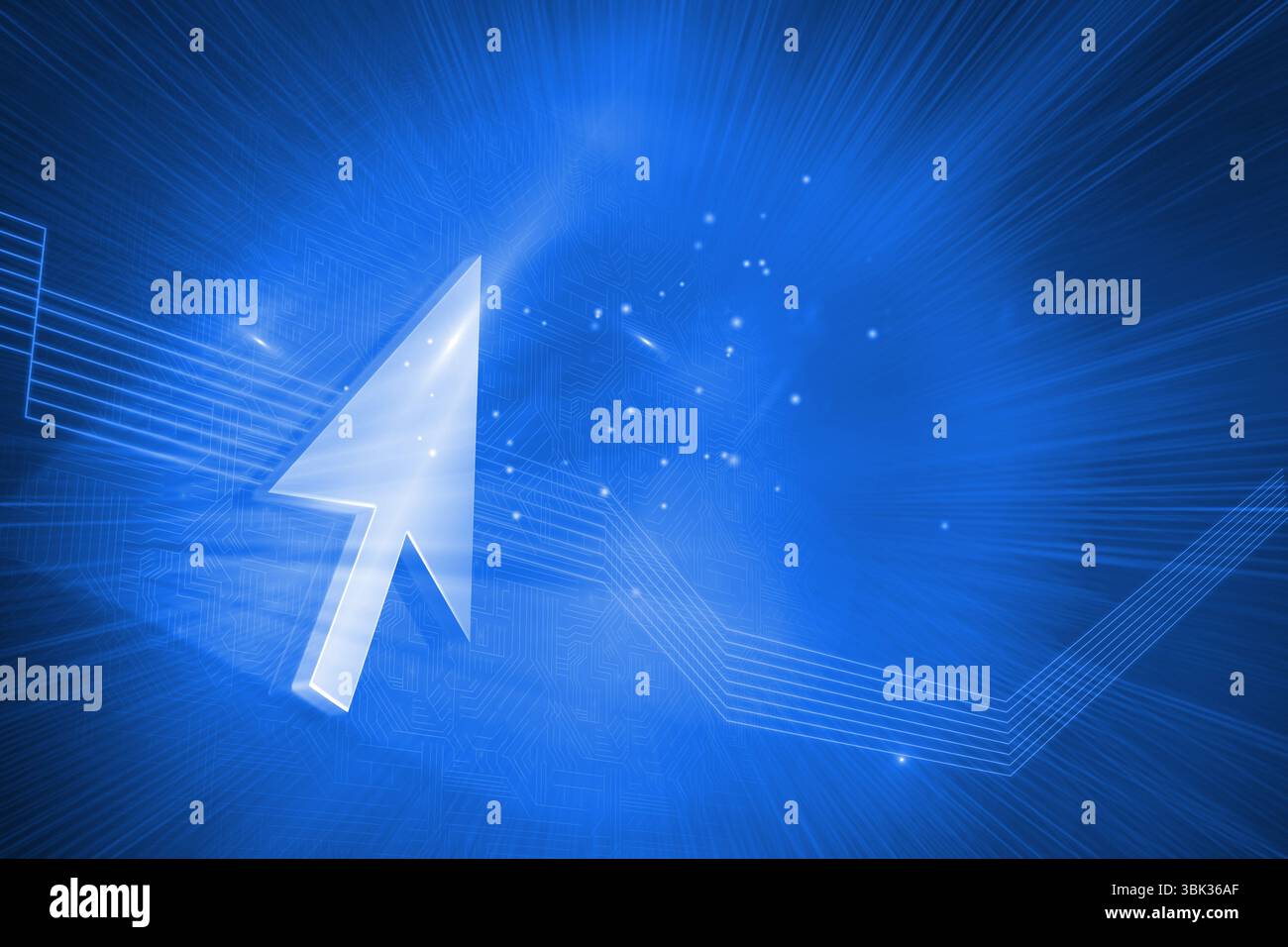 Semi-transparent 3D cursor arrow is floating in deep blue space with ...