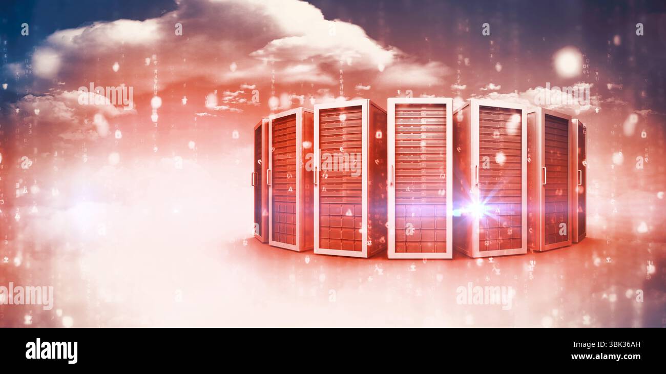 Six server cabinets are floating in stylized digital landscape ...