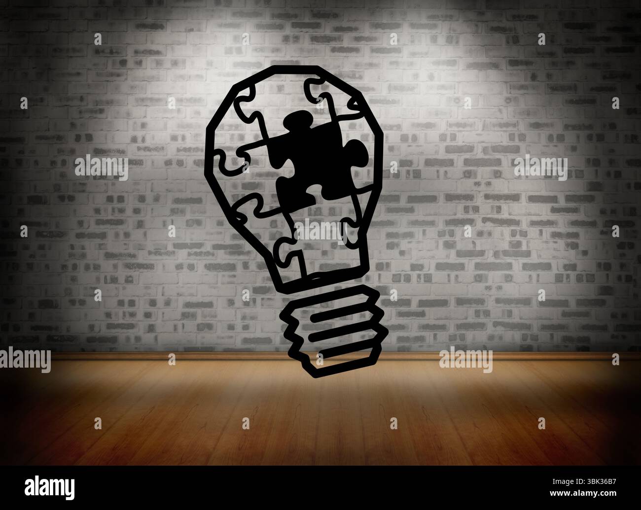 Line-art puzzle light bulb is being displayed in minimalist room with ...