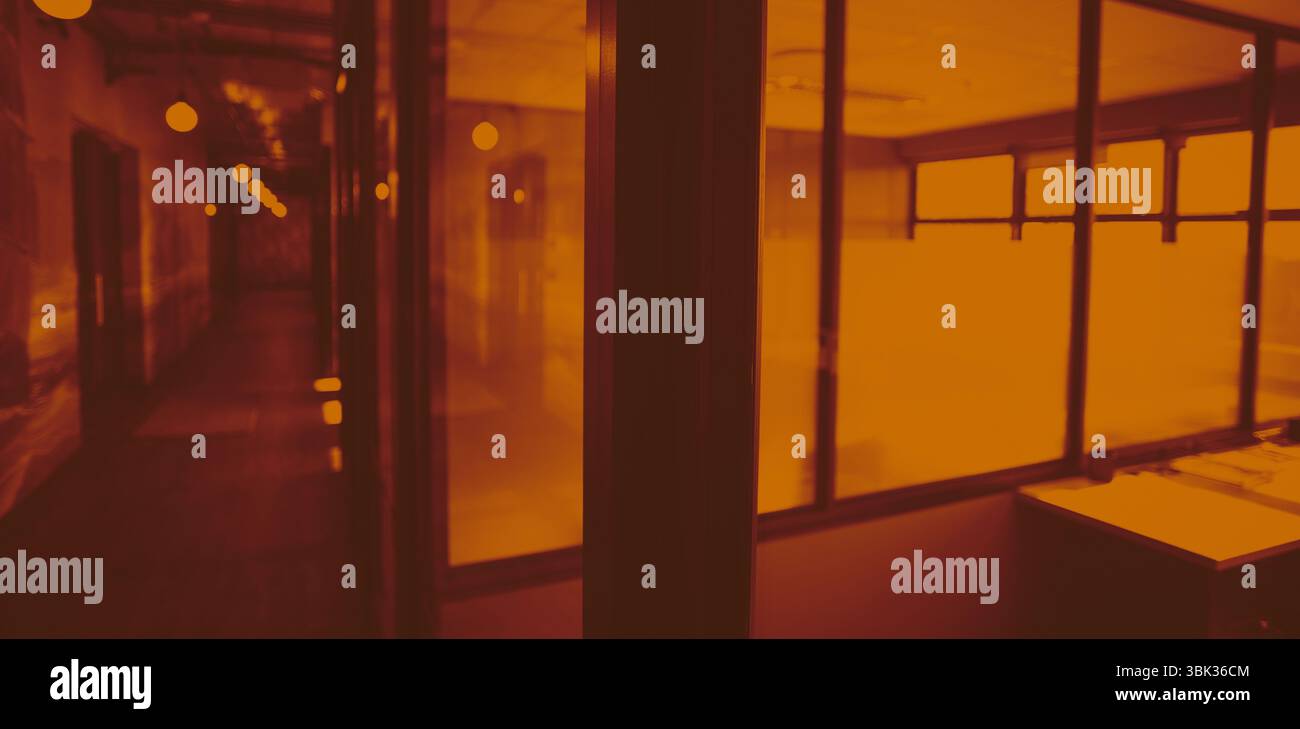 Flat design is showing office corridor with metal column, glass ...