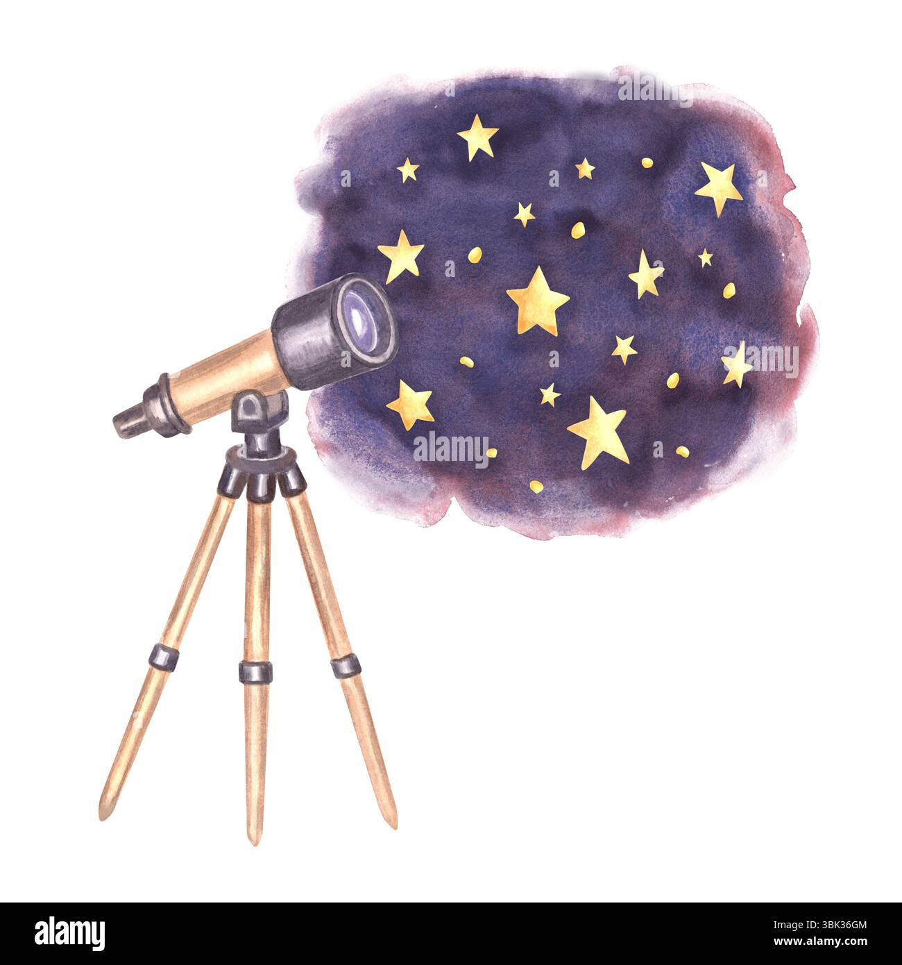 Telescope and yellow bright stars in night sky watercolor illustration ...