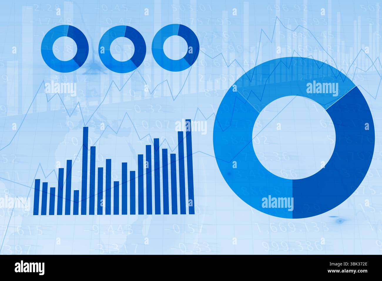 Displaying blue grid with left donut and bar graph, right blue donut chart with line overlays ...