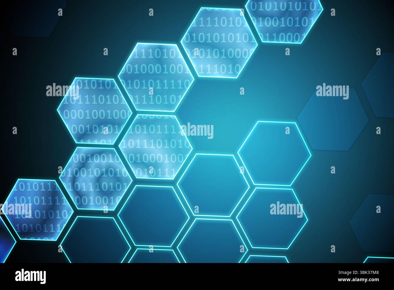 Glowing neon blue hexagonal network pattern is pulsing on dark blue ...