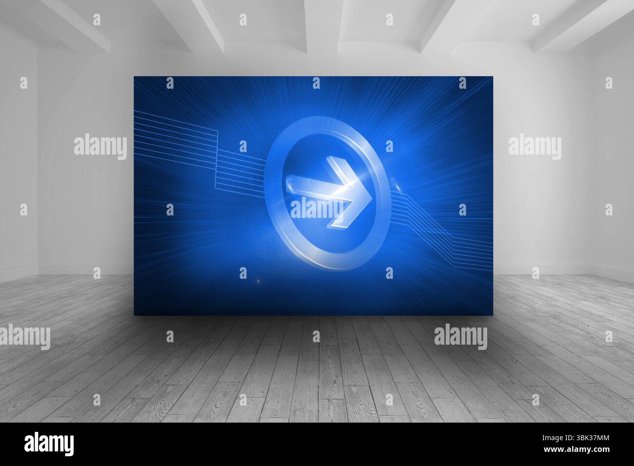 display screen is showing glowing blue circular arrow icon with circuit ...