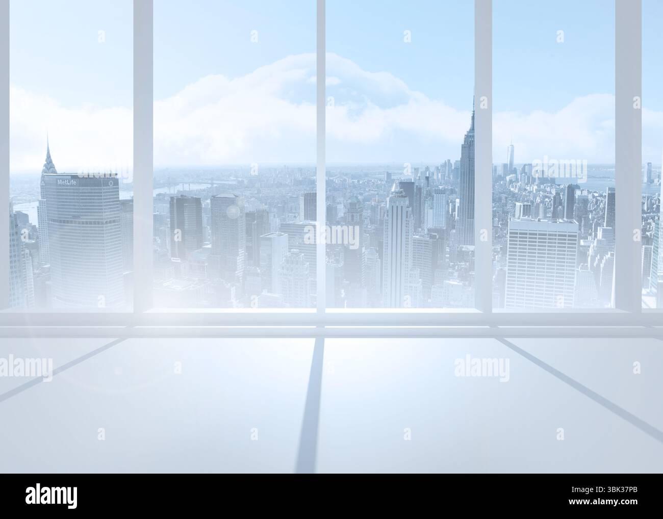 Flat design is showing empty interior with floor-to-ceiling glass ...