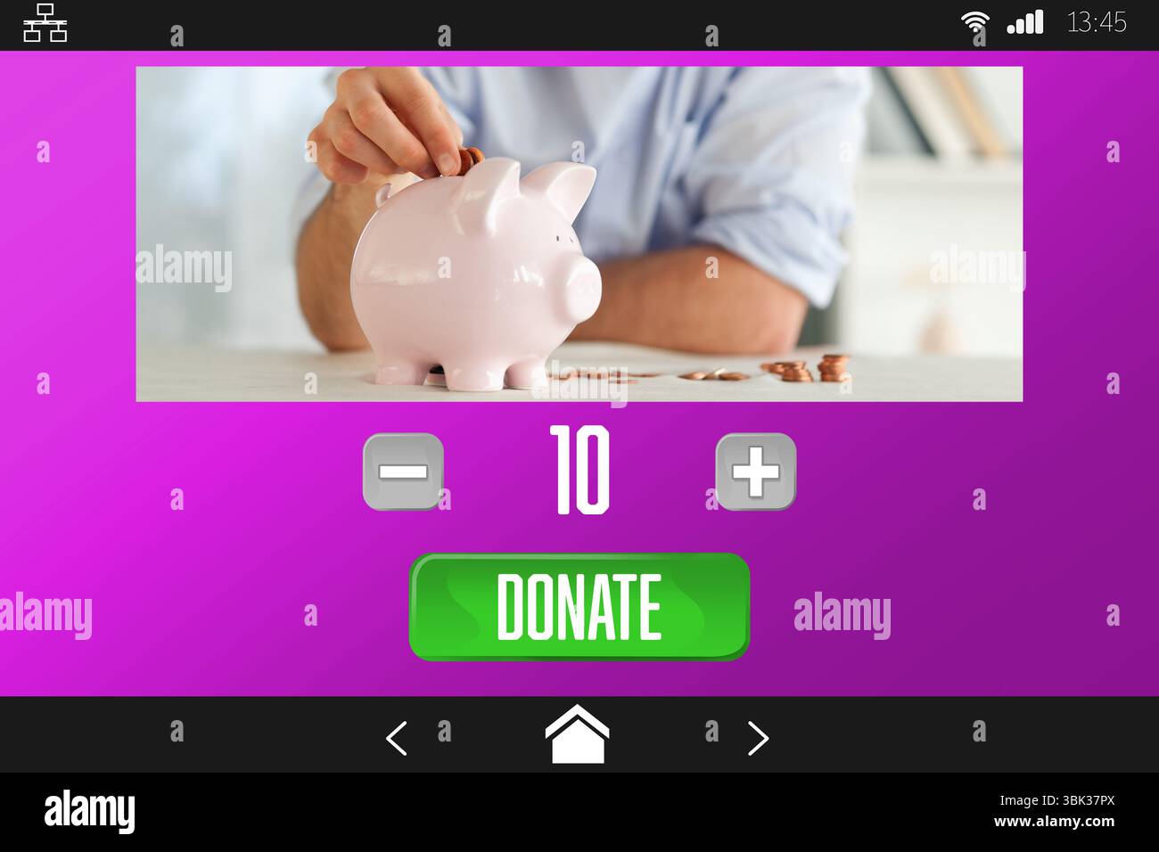 Digital donation interface is displaying hand inserting coin into pink ...