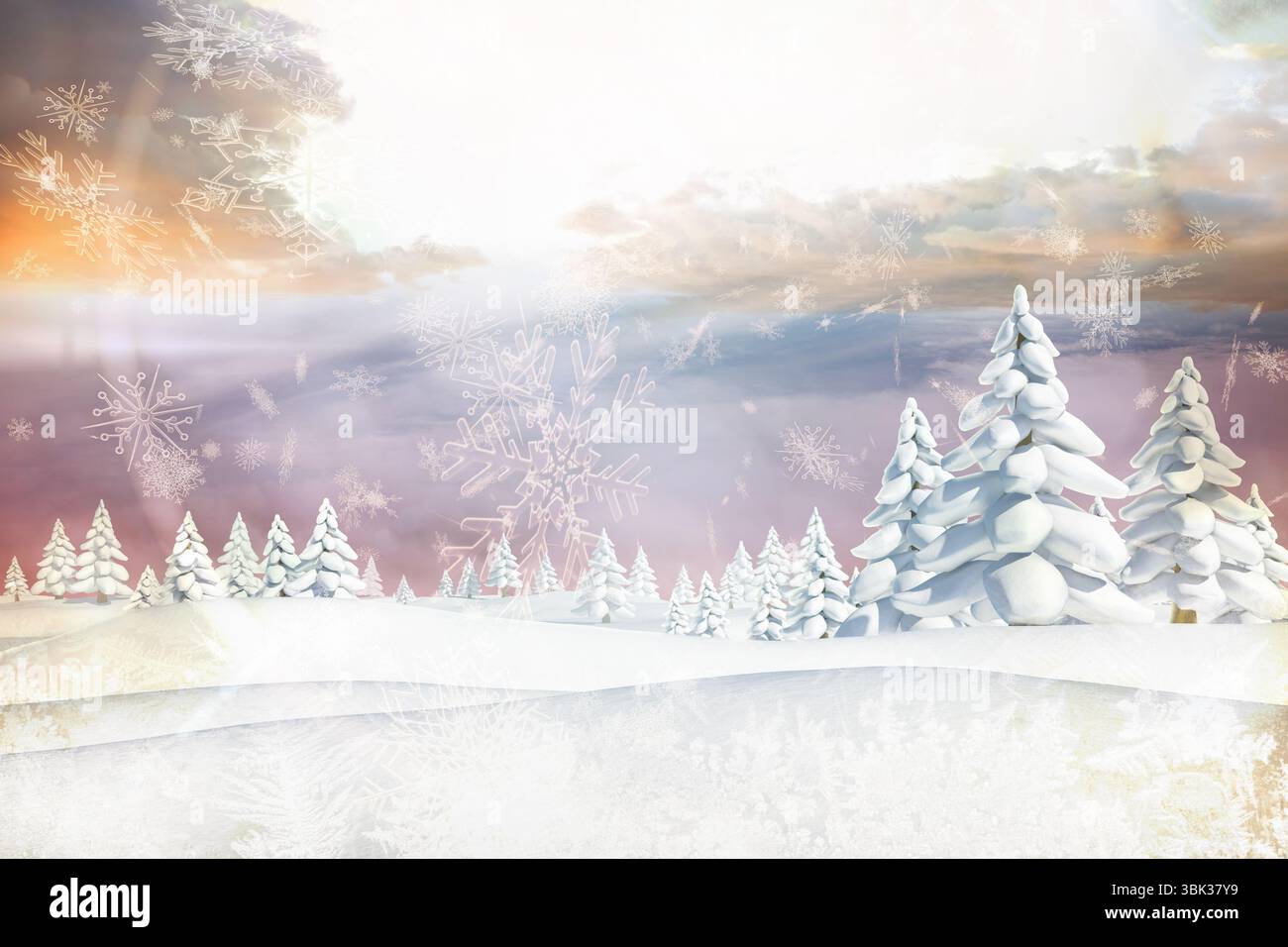 Cluster of snow-covered pine trees is rising in flat design winter ...