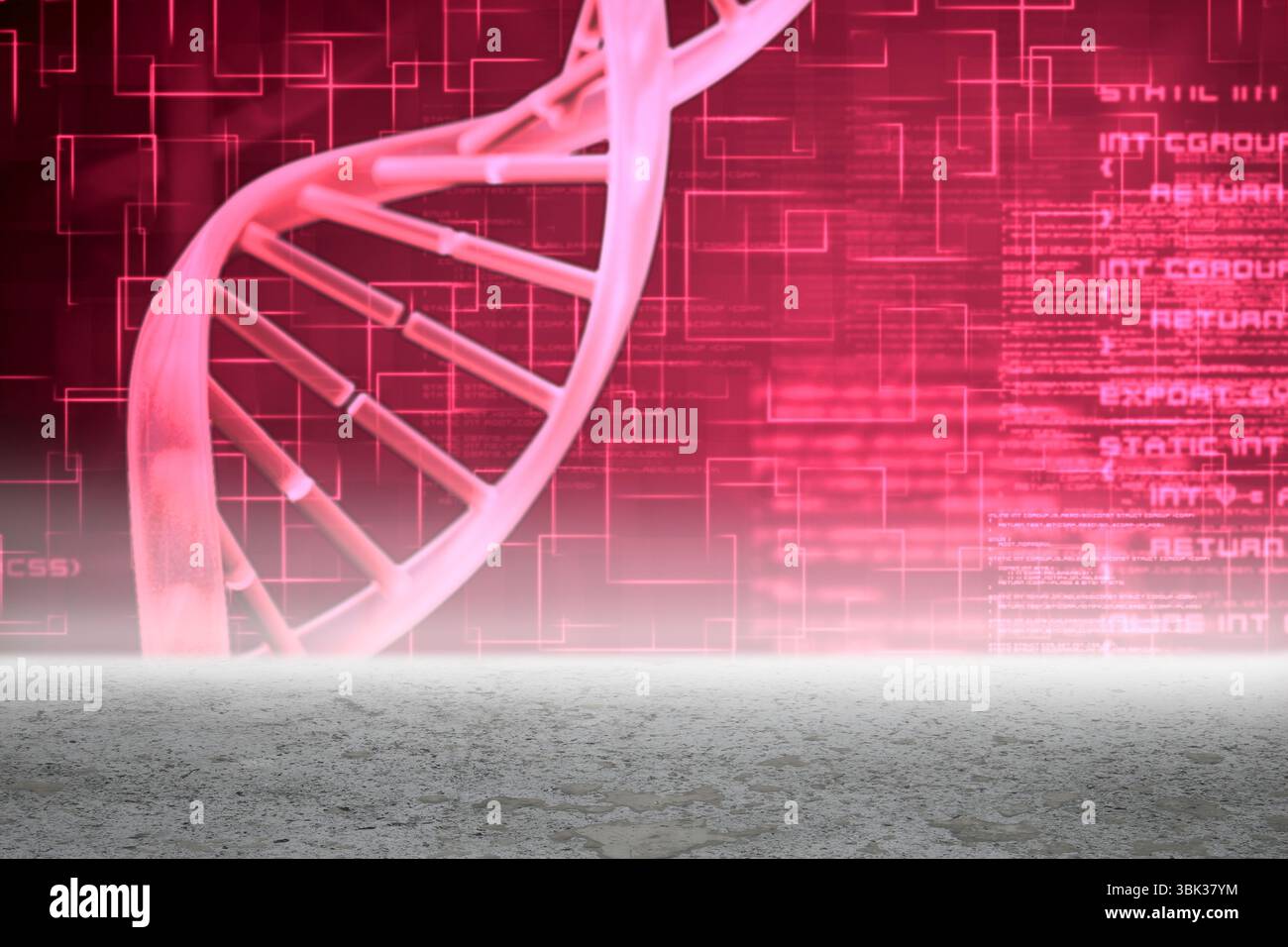 Semi-transparent pink DNA helix is twisting over rough floor in digital ...