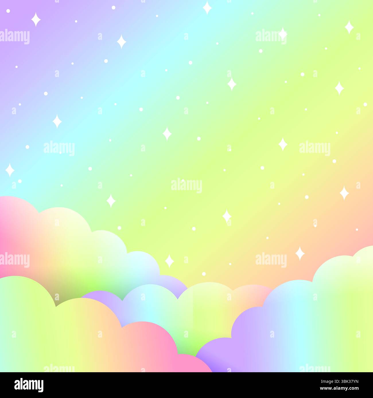 Flat pastel clouds drifting across gradient rainbow sky with floating ...