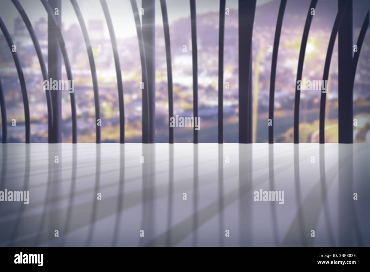 Vertical curved metal railing bars are casting glossy shadows on floor ...