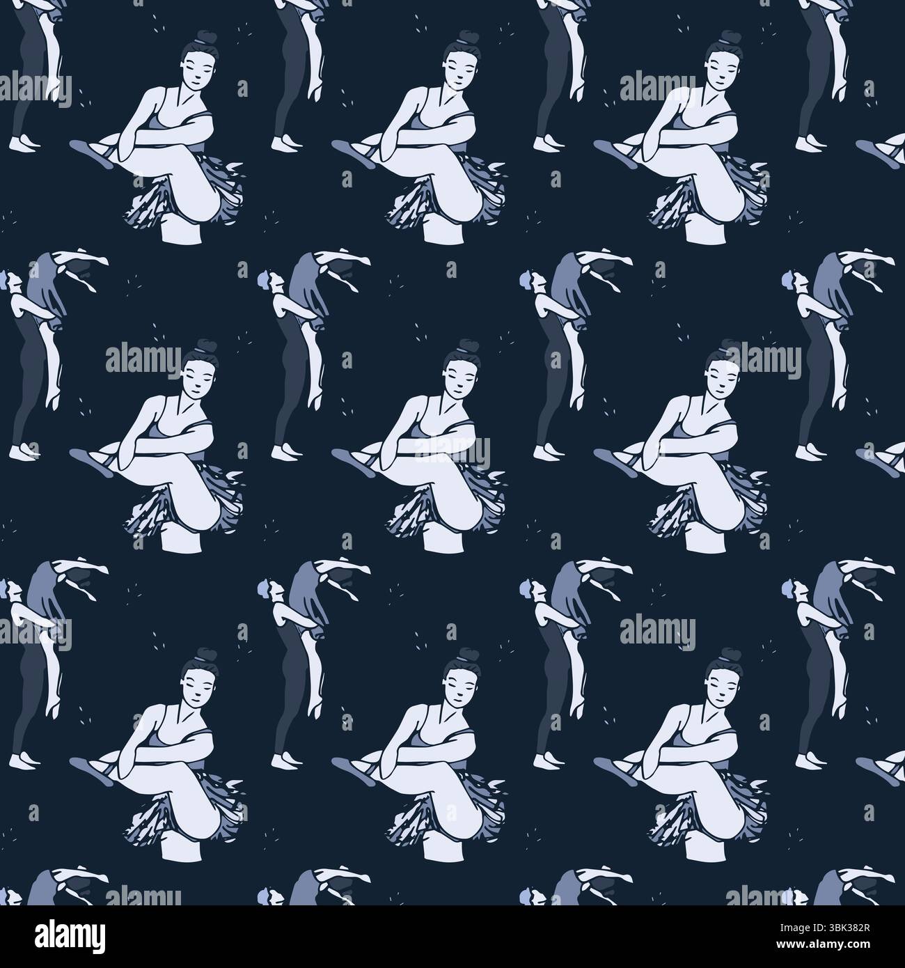 Seated ballerina is adjusting pointe shoe on deep-blue flat design ...
