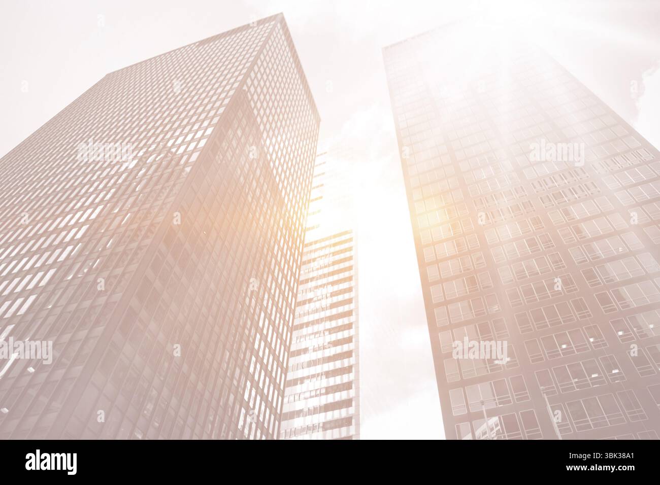 Cluster of modern skyscrapers is gleaming in flat design, steel framed ...