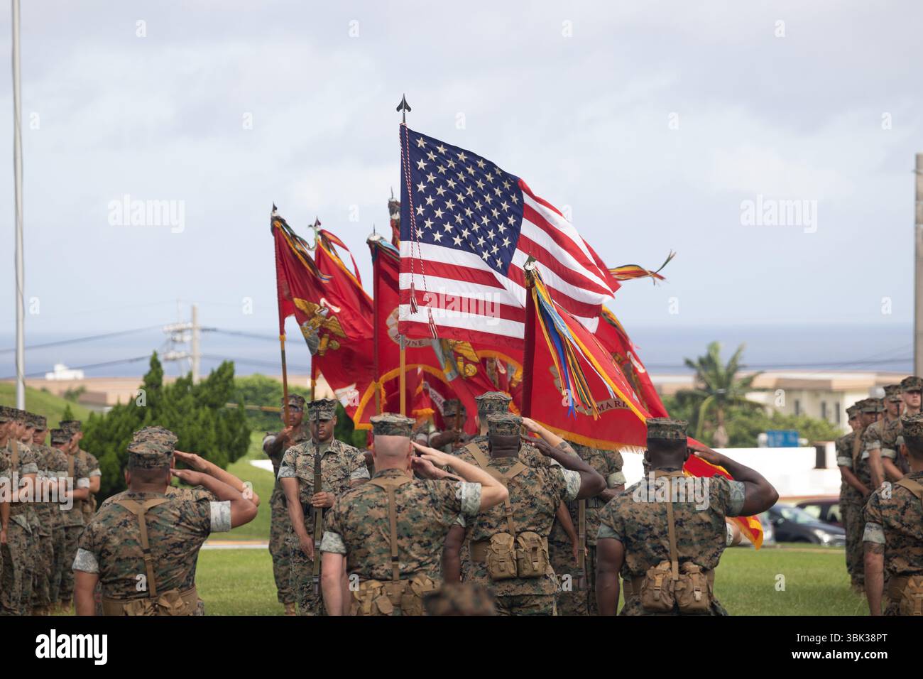 U.S. Marines with 1st Marine Aircraft Wing salute during the national ...