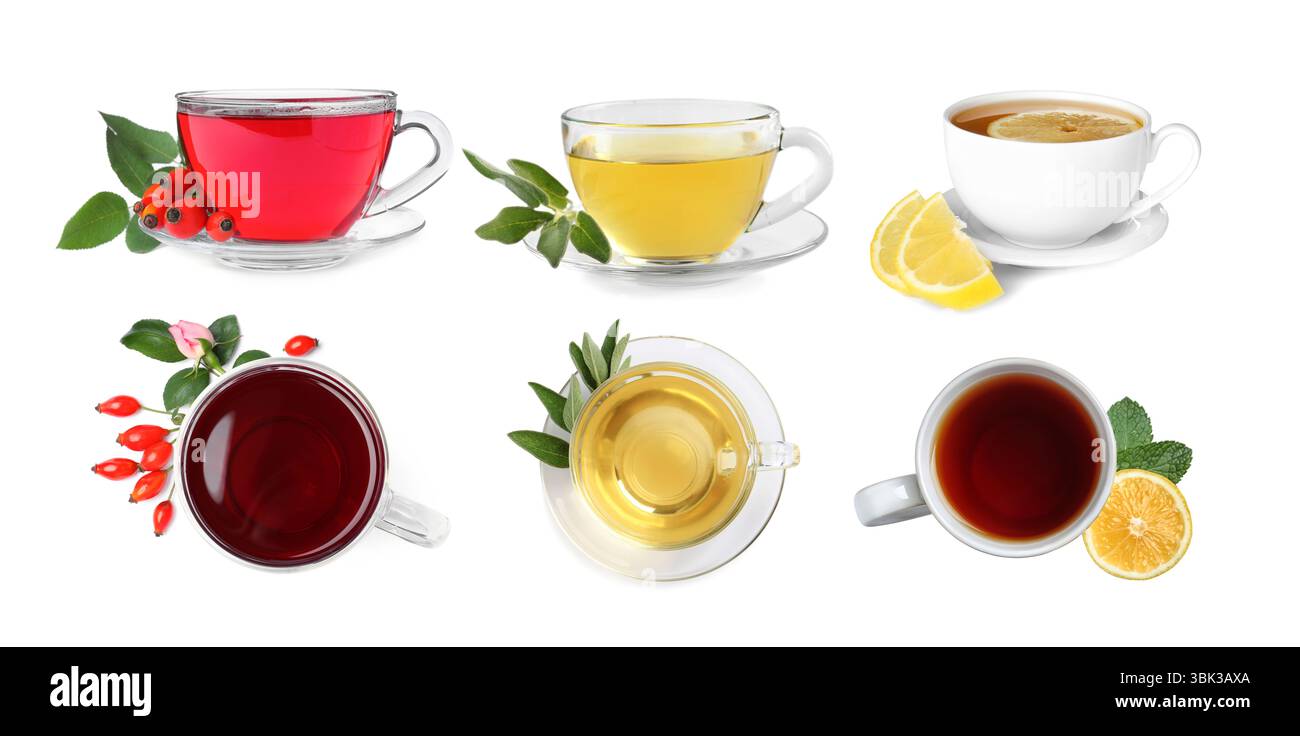 Different types of tea in cups isolated on white, set. Top and side ...