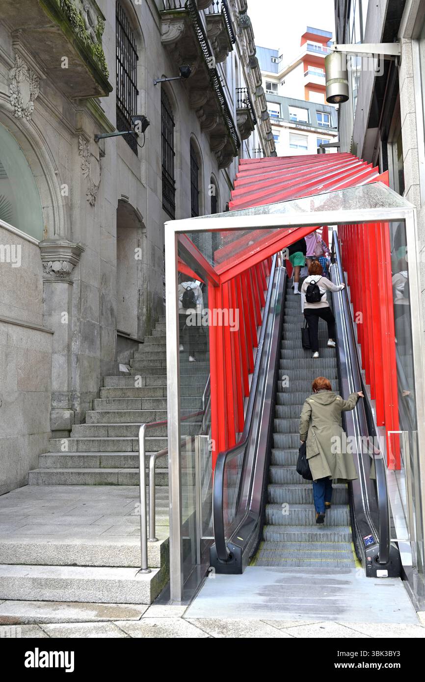 Red framed glass tunnel of Vigo Vertical escalator Porta do Sol ...