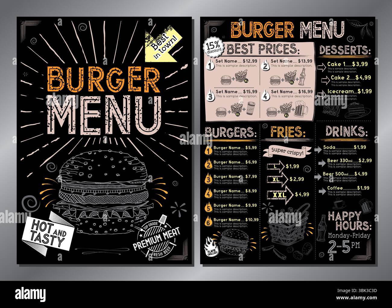 Vintage burger restaurant menu template - single A4 card (burgers ...