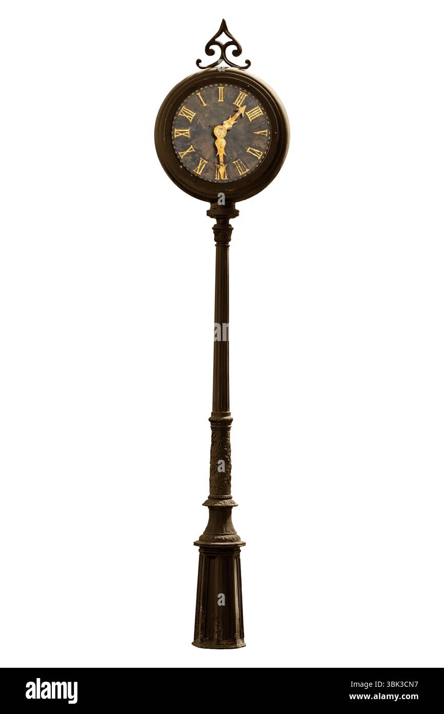 Old weathered standing street clock isolated on a white background ...