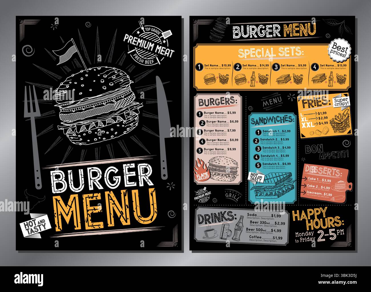Vintage burger restaurant menu template - single A4 card (burgers ...