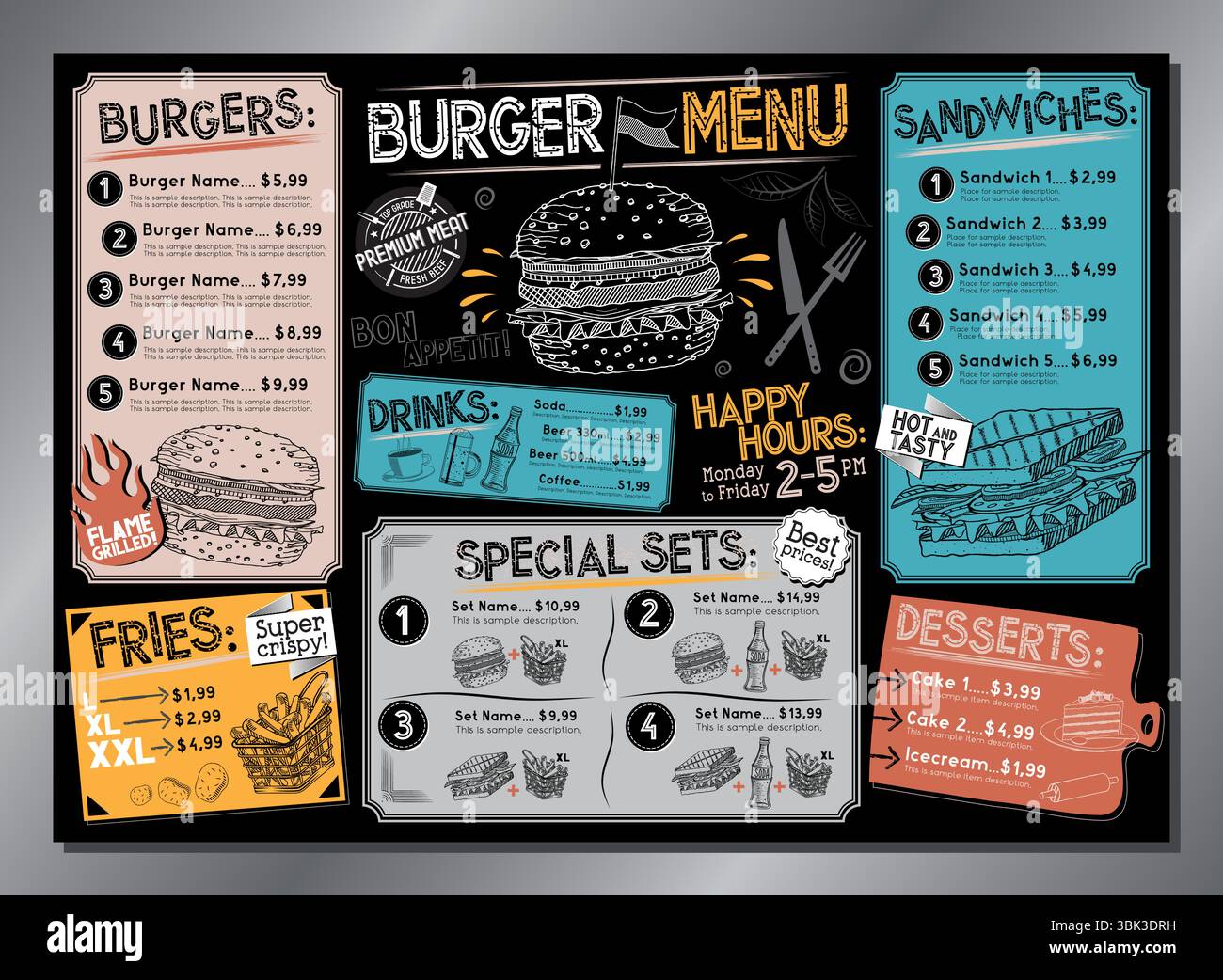 Vintage burger restaurant menu template - A4 or A3 table card (burgers ...
