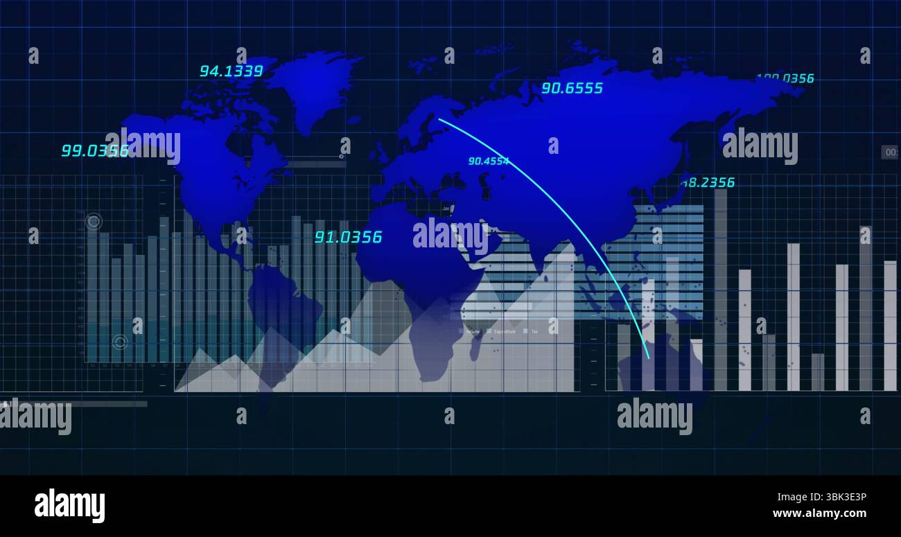 Displaying digital world map showing data visualization on dashboard, with bar charts and arrow ...
