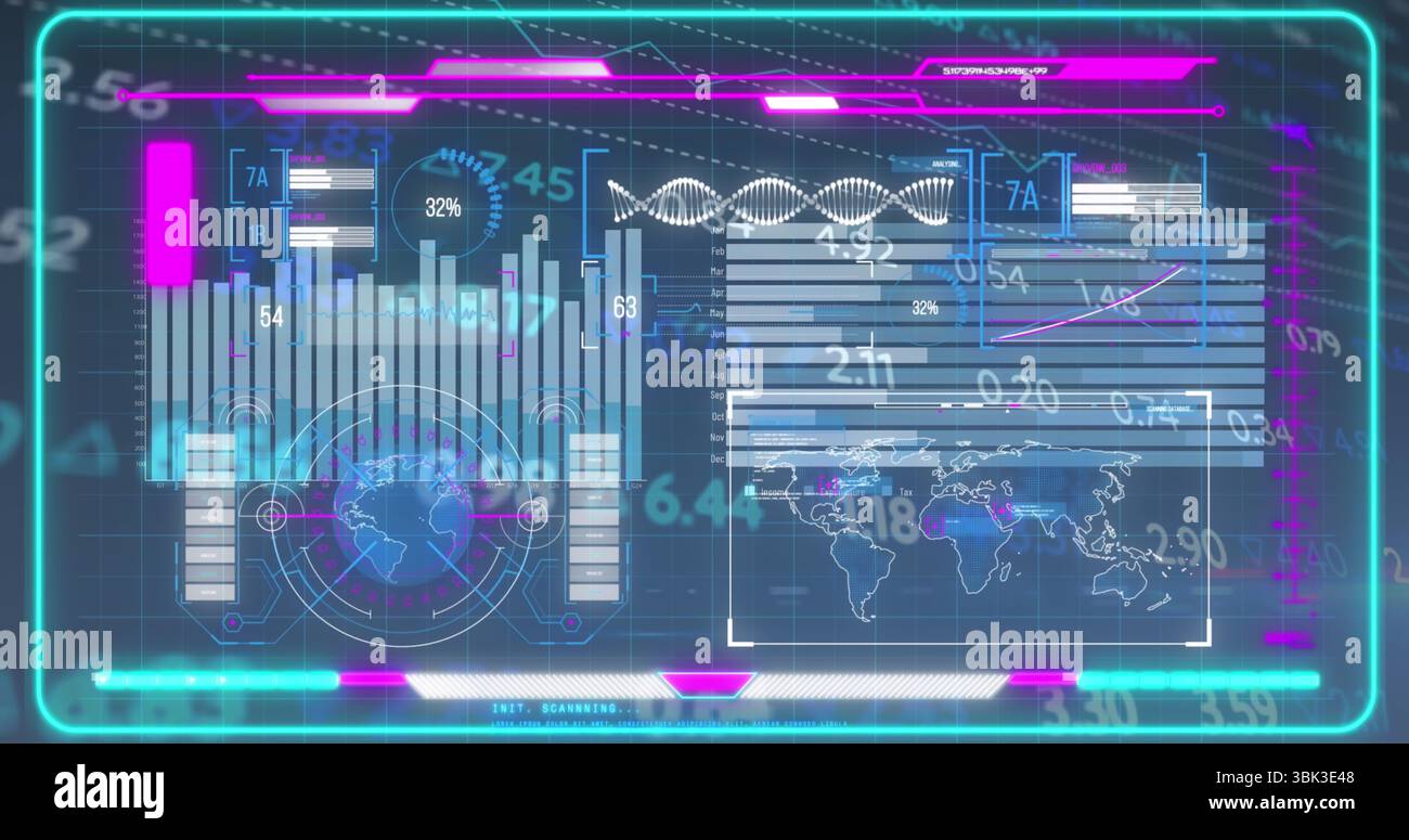 Displaying holographic interface showing bar charts and world map in ...