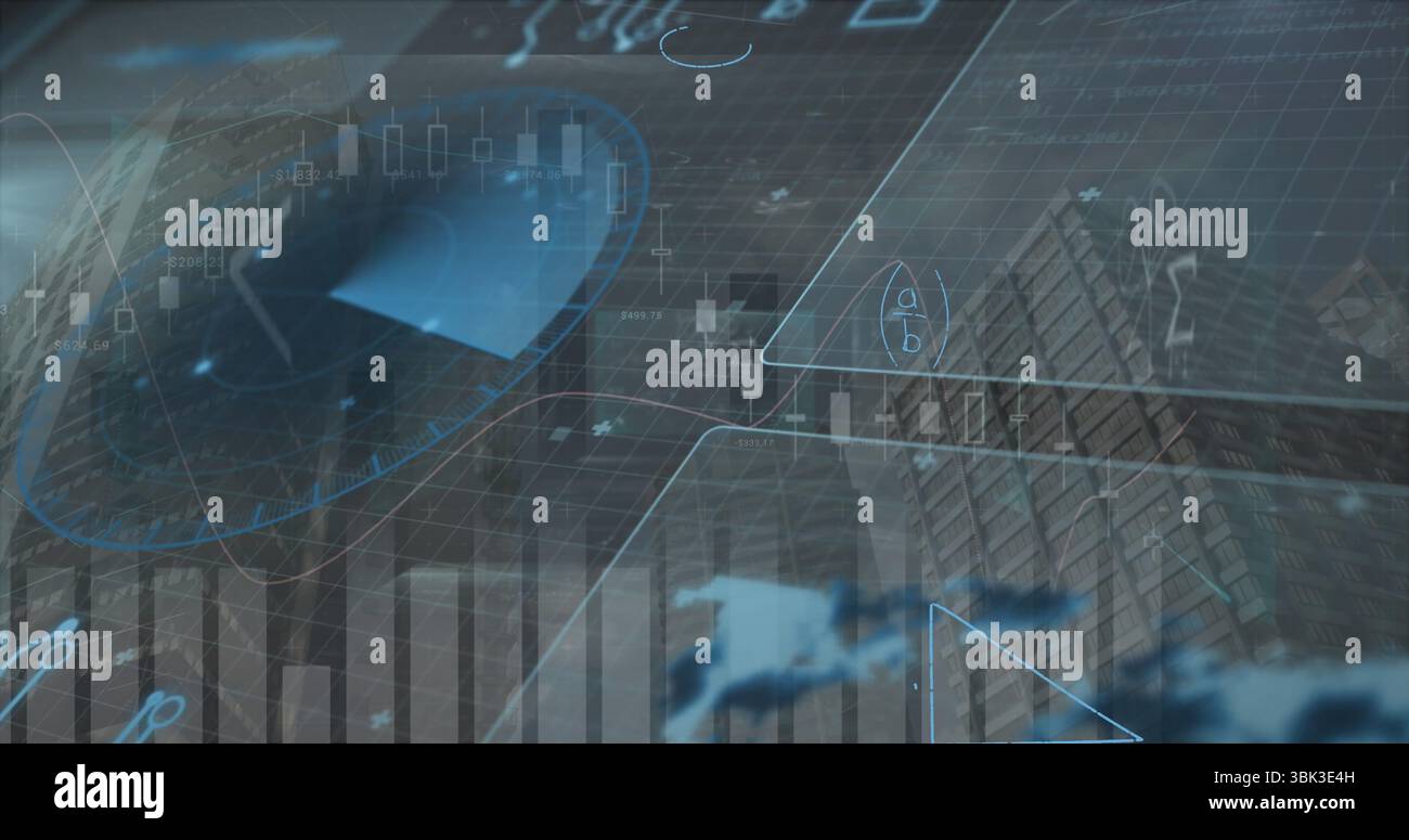 Data overlay showing candlestick and bar graphs over urban skyline ...