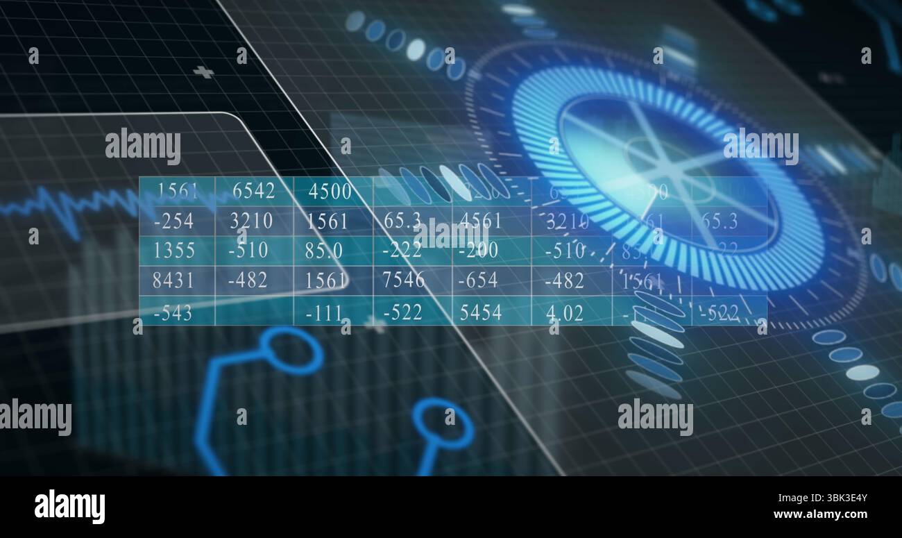 Displaying numeric data table with circular HUD gauge and waveform ...