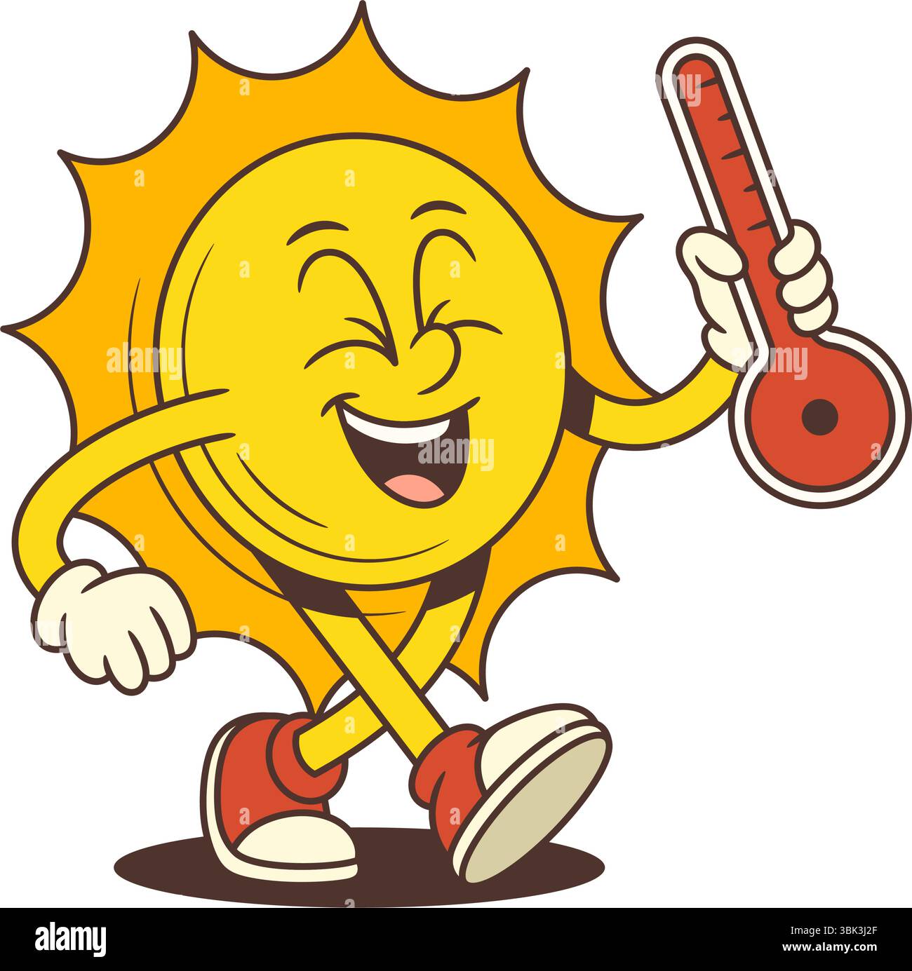 Funny retro sun character with a smiling face, cartoon style limbs, and ...